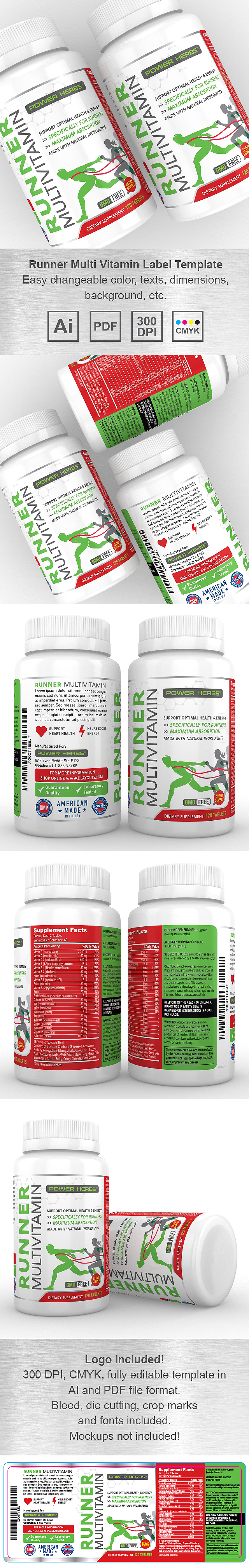 Runner Multi Vitamin Supplement Label Template Design